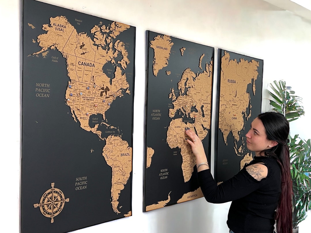 World Map Cork Push Pin Board Travel Wall Art Map, Oak Wood or Cork ...