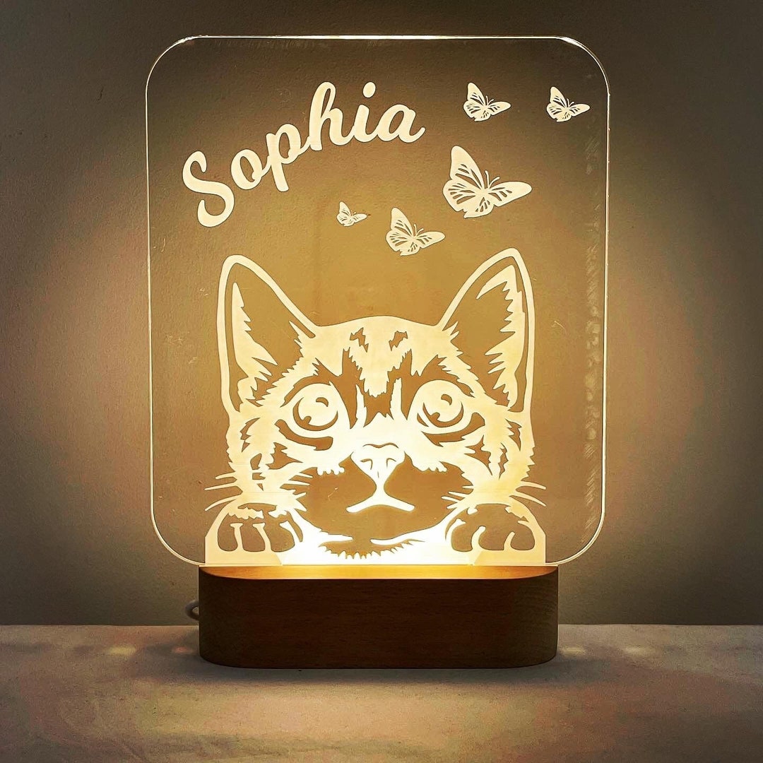 Personalised Kitten Cat & Butterflies LED Night Light With Solid Beech ...