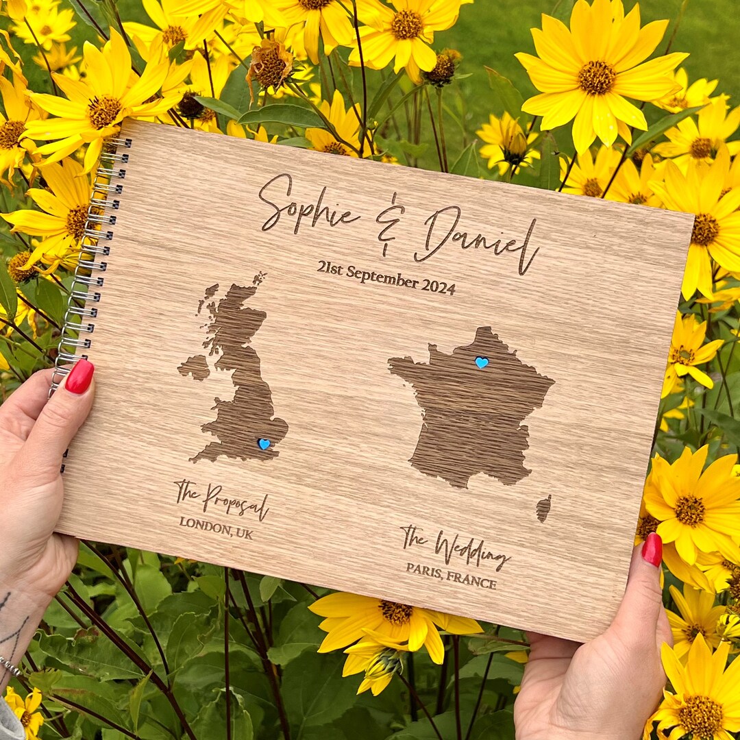 Wedding Guest Book Abroad , Oak Wood Guestbook, Personalised Custom ...