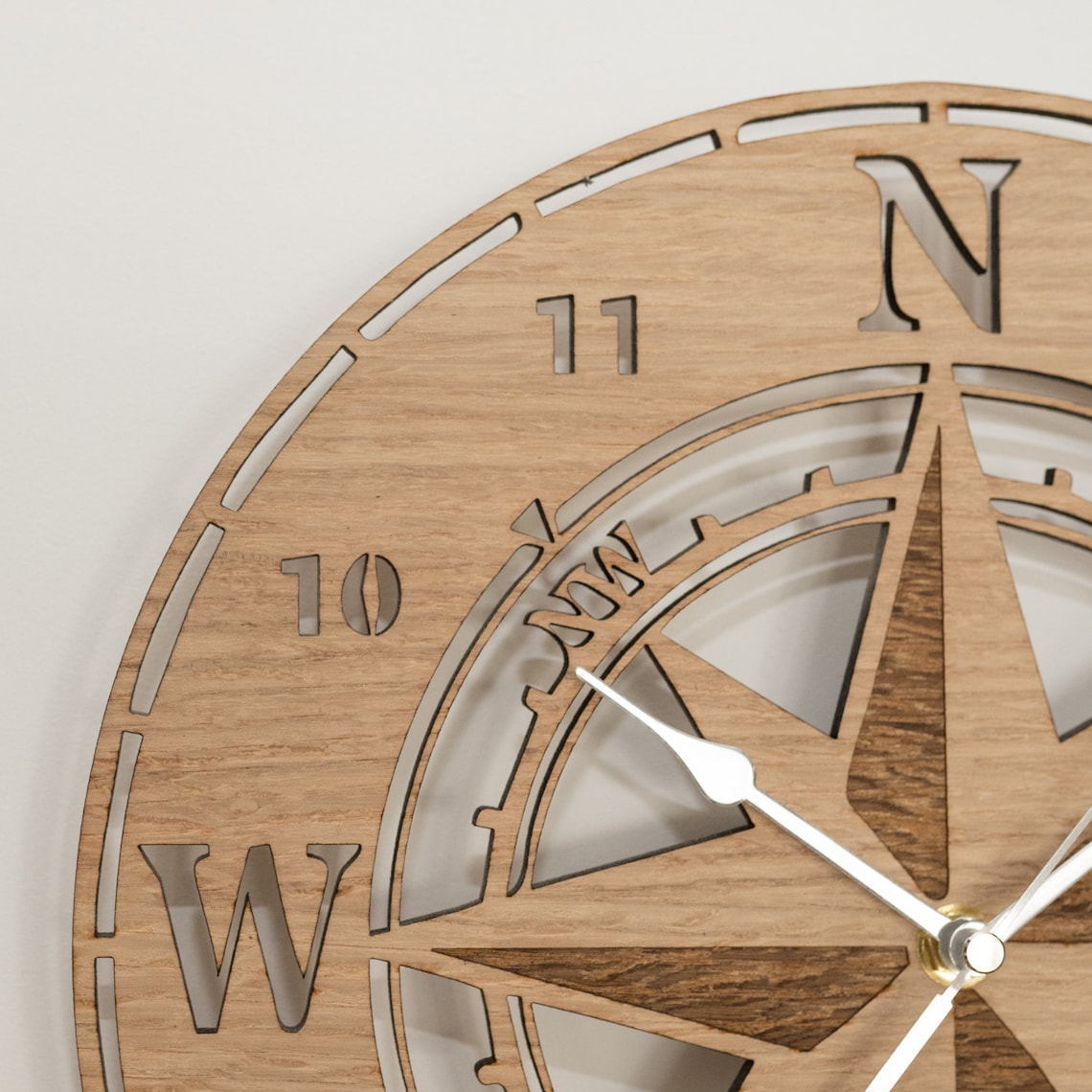 Handmade Wooden Silent Compass Wall Clock up to 90cm in Oak - Etsy