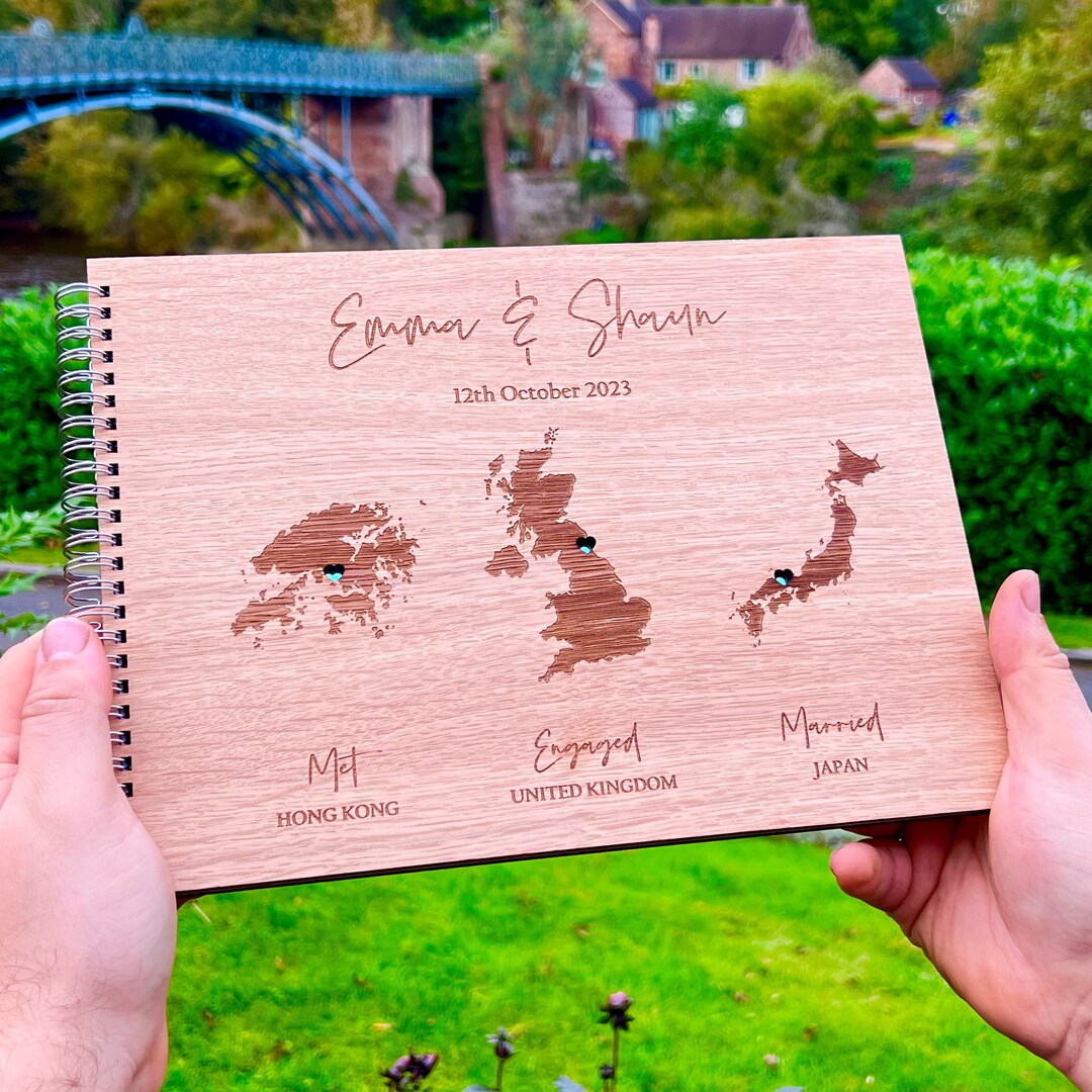 Wedding Guest Book Abroad , Oak Wood Guestbook, Personalised Custom ...
