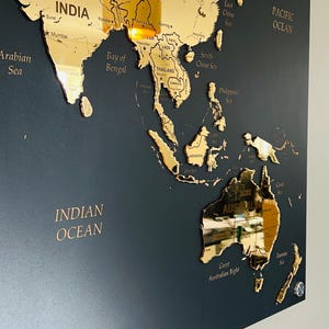 Gold World Map Wall Art 50th Anniversary Gift, Wood Map Apartment Decor ...