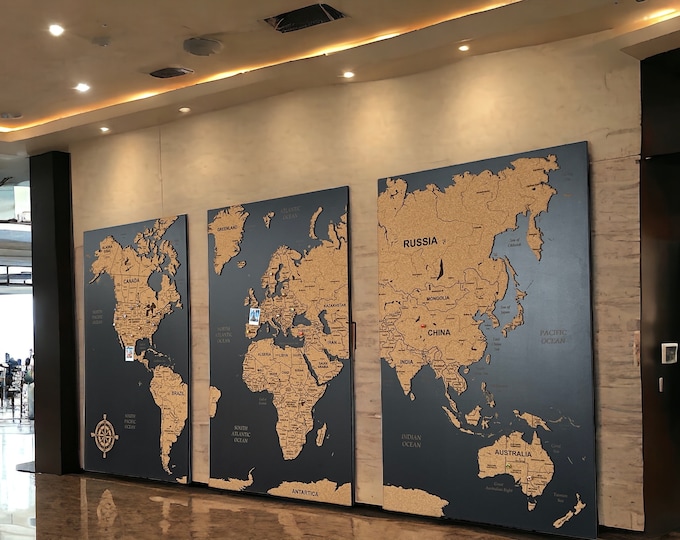 Wooden World Map - Oak / Walnut / Cork Wall Art Map, Push Pin Board ...