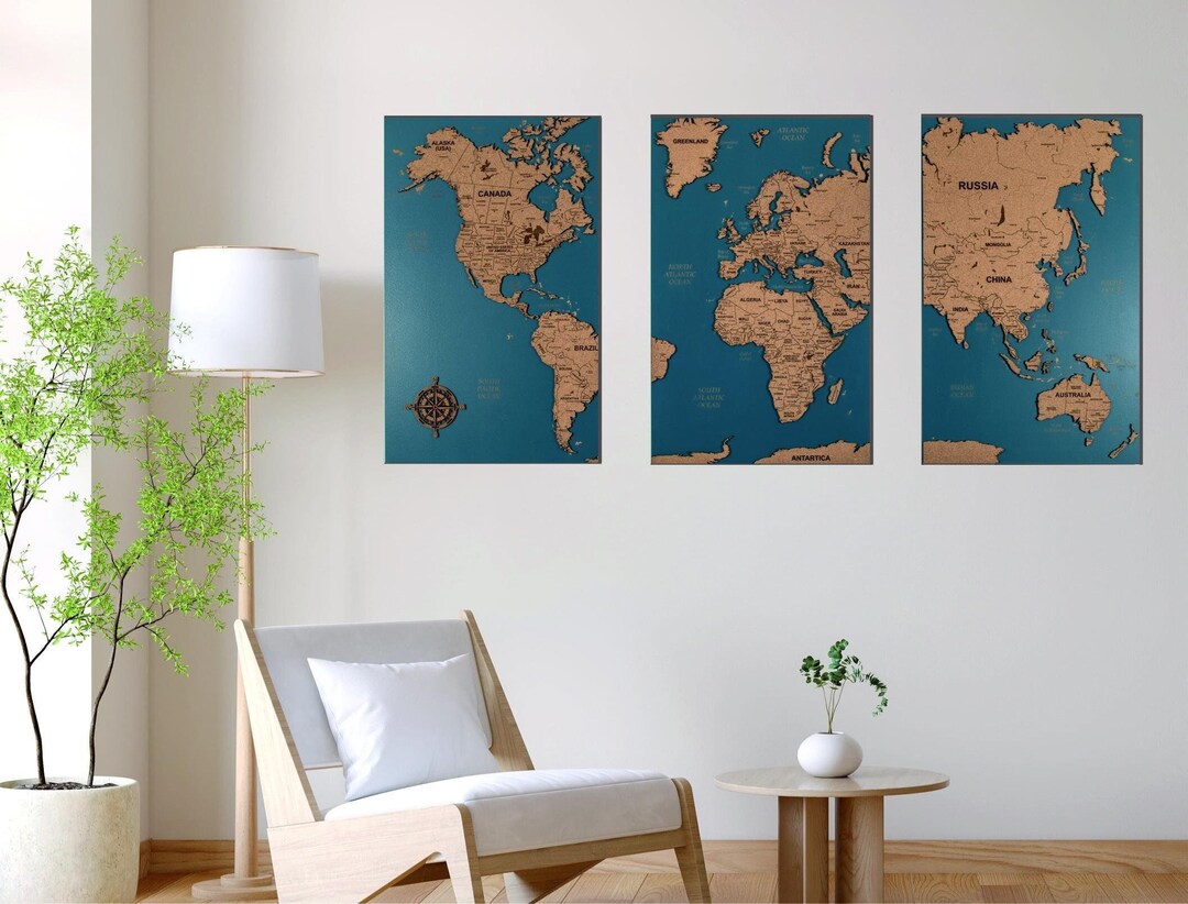 Handmade 3D World Map Cork Push Pin Board Wall Art Map, Wooden Travel ...