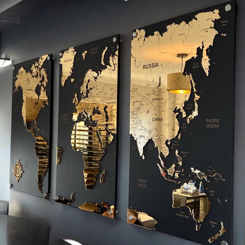 Gold World Map Wall Art 50th Anniversary Gift, Wood Map Apartment Decor ...