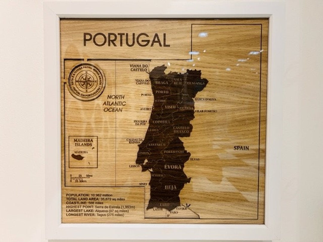 Portugal Beautiful 3D Wooden Map Layered Oak With Black or White Frame ...
