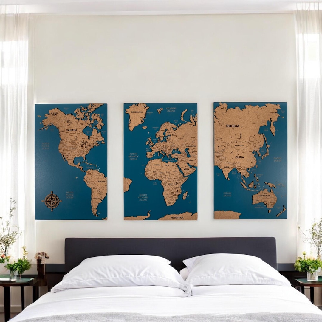 Wooden World Map - Oak / Walnut / Cork Wall Art Map, Push Pin Board ...