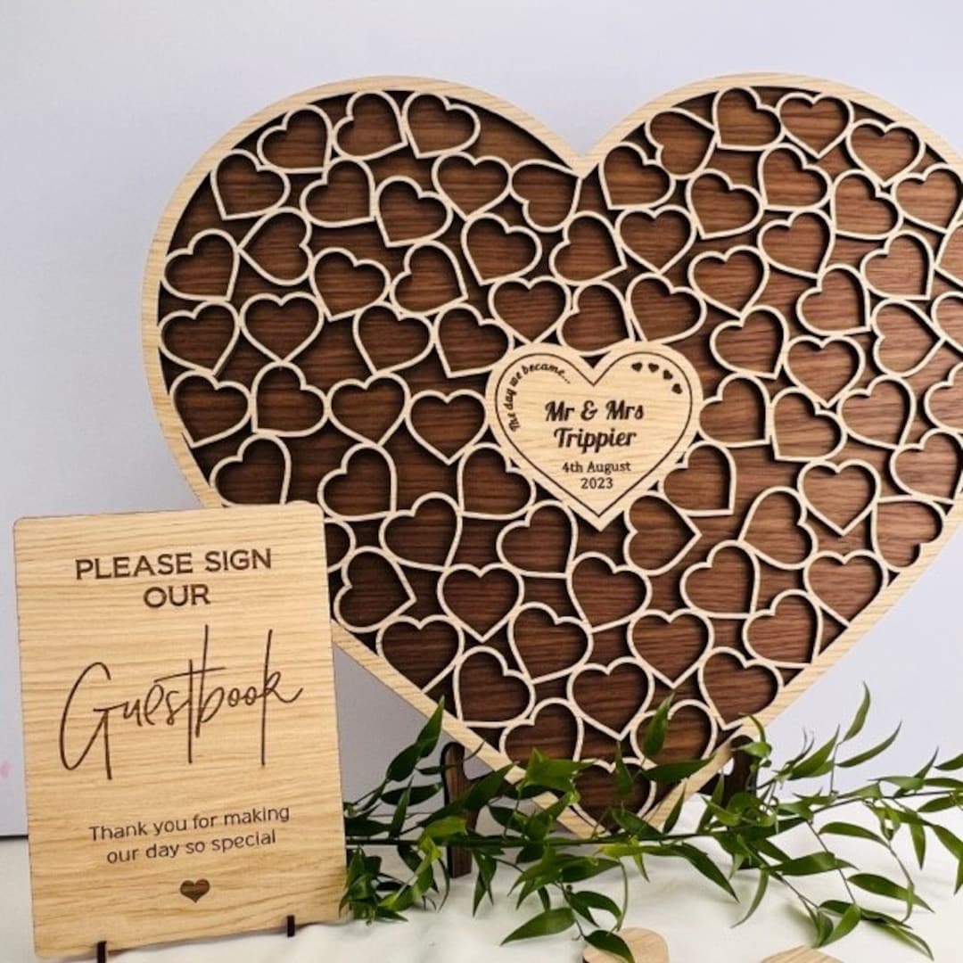 Oak & Walnut- Wedding Heart Shaped Alternative Guestbook With Sign - 40 ...
