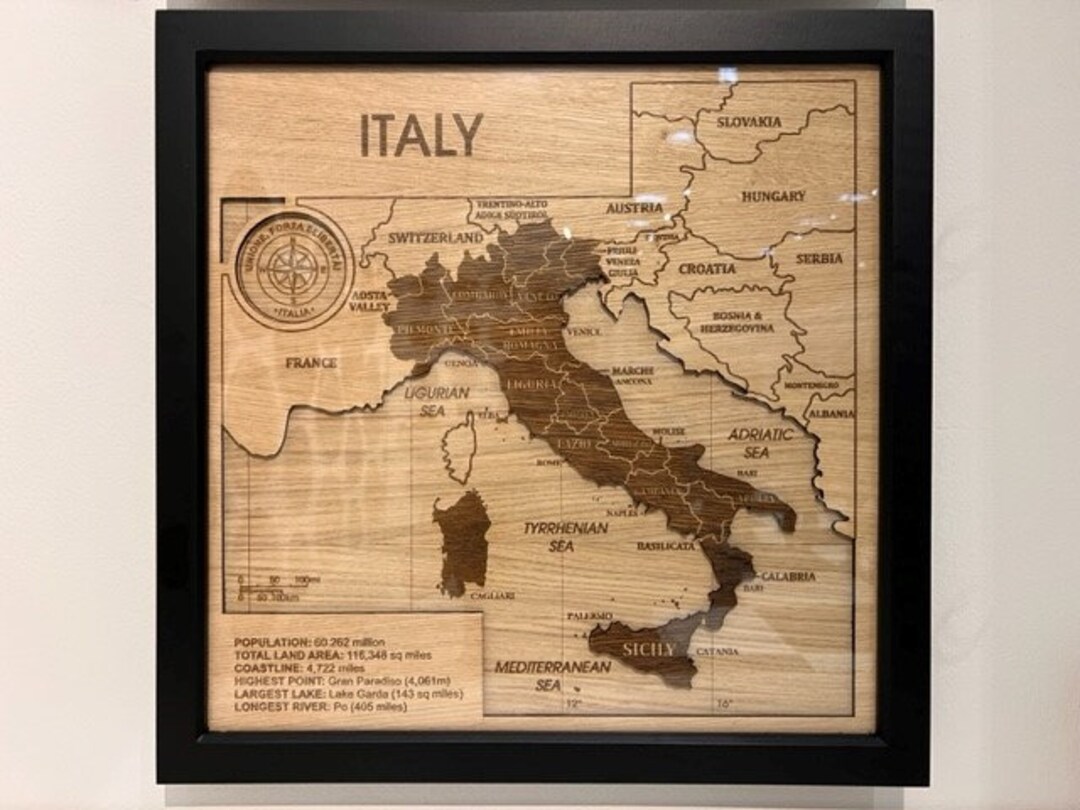 Beautiful 3D Wooden Map of Italy Layered Oak With Black or White Frame ...
