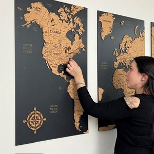 World Map Wall Art Cork Push Pin Map, Oak Wood or Cork Board Wooden ...