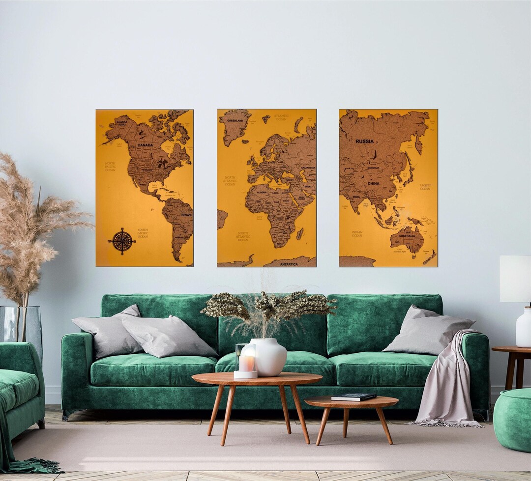 Cork World Map 3D World Map, World Map Wall Art, Wooden World Map Push ...