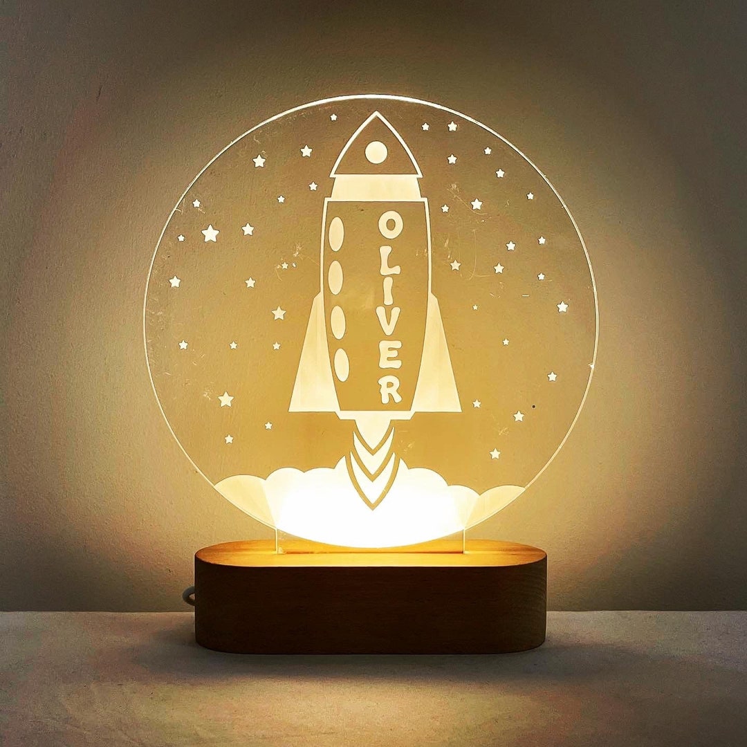 Personalised Rocket Spaceship LED Night Light With Solid Beech Wood ...
