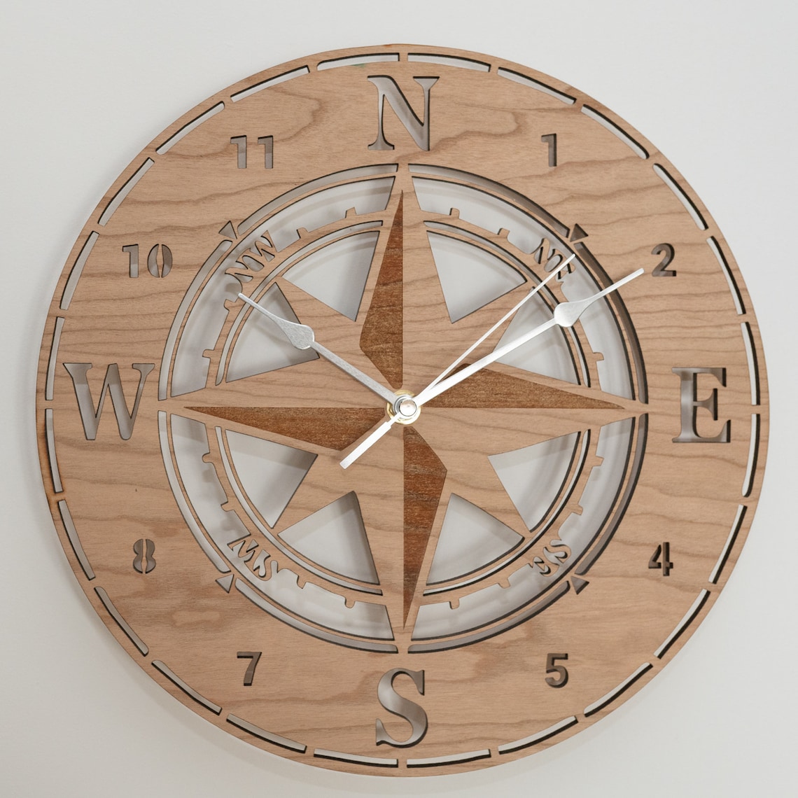 Handmade Wooden Silent Compass Wall Clock up to 90cm in Oak - Etsy