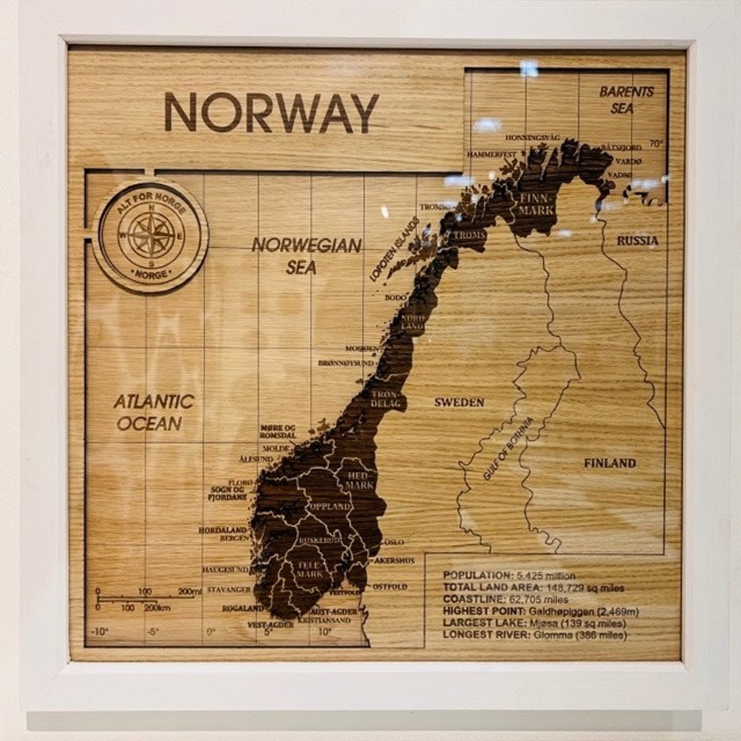 Norway Beautiful 3D Wooden Map Layered Oak With Black or White Frame ...
