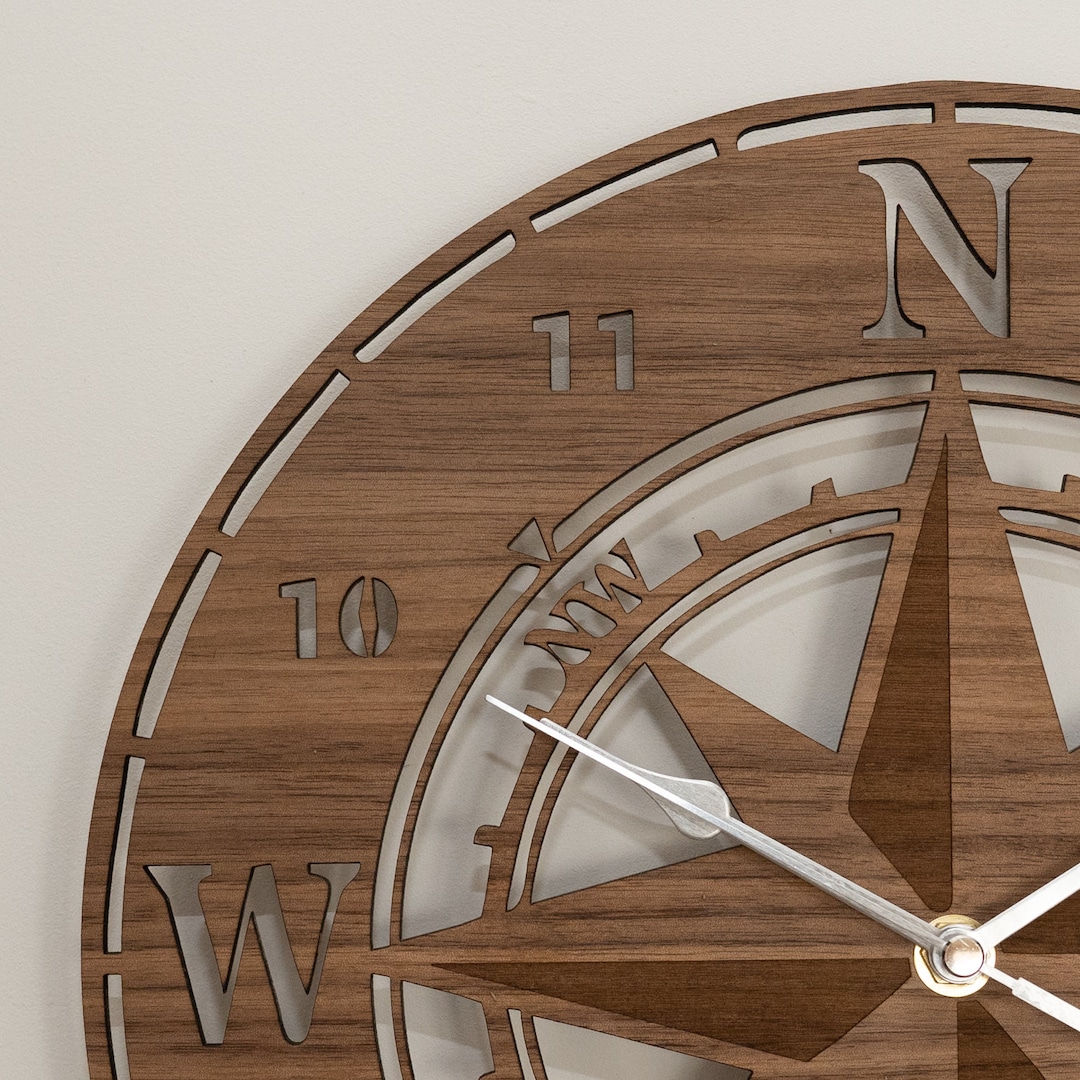 Handmade Wooden Silent Compass Wall Clock up to 90cm in Oak, Cherry or ...