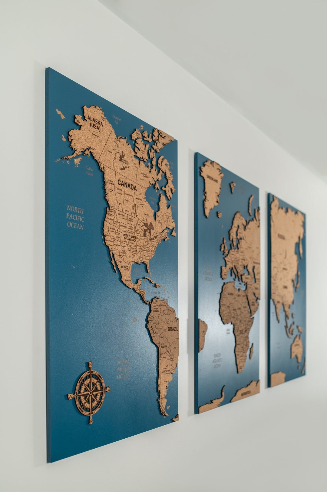 Wooden World Map Oak / Walnut / Cork Wall Art Map, Push Pin Board Wood ...