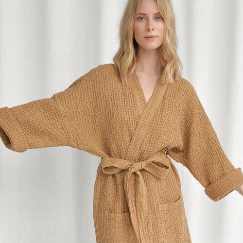 Beige Waffle Weave Linen Bathrobe Handmade Linen and Cotton - Etsy