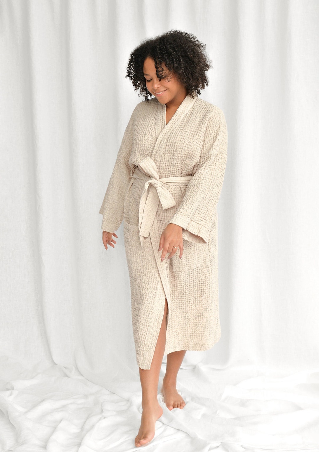 Beige Waffle Weave Linen Bathrobe, Handmade Linen and Cotton Blend ...
