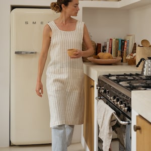 Pinafore Linen Apron in Beige Stripe Color, Japanese Cross Back Linen ...