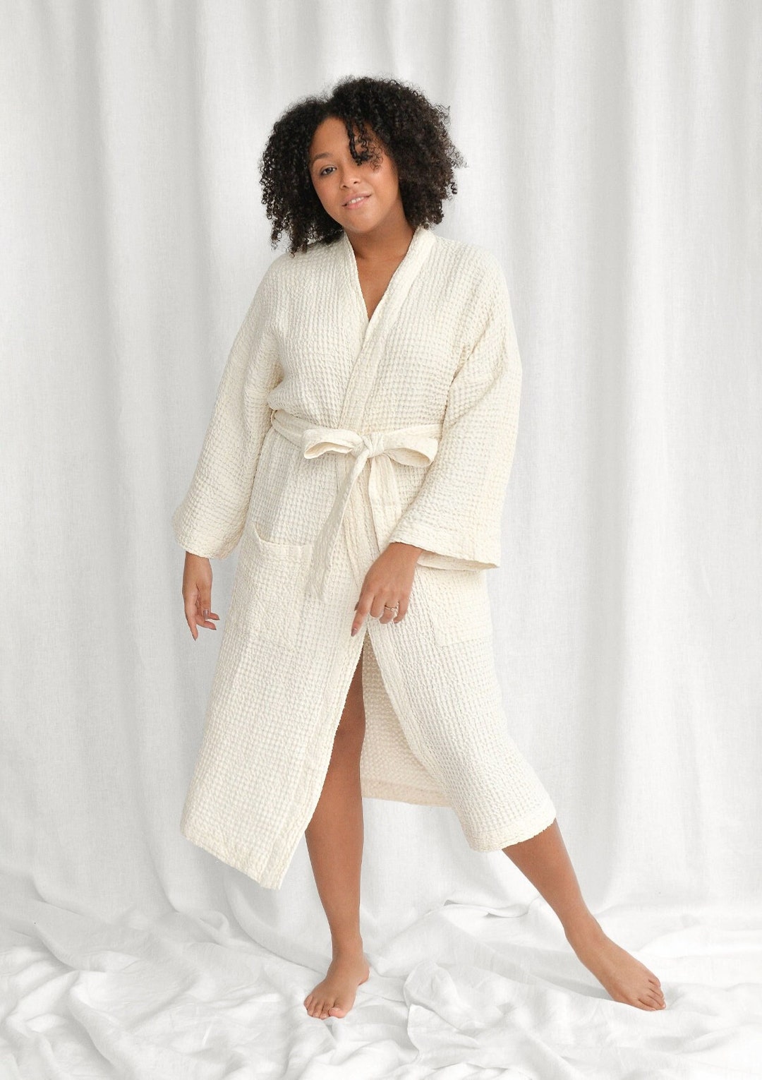 Cream White Waffle Weave Linen Bathrobe, Handmade Linen and Cotton ...