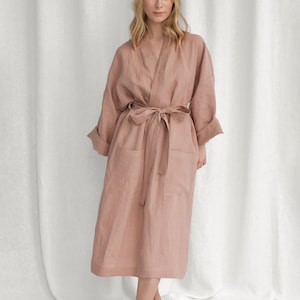 Sunset Rose Linen Bathrobe, Handmade Linen Kimono Robe, Oversized Linen ...