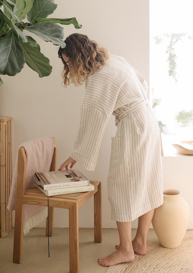 Beige Stripe Linen Bathrobe, Handmade Linen Kimono Robe, Oversized ...