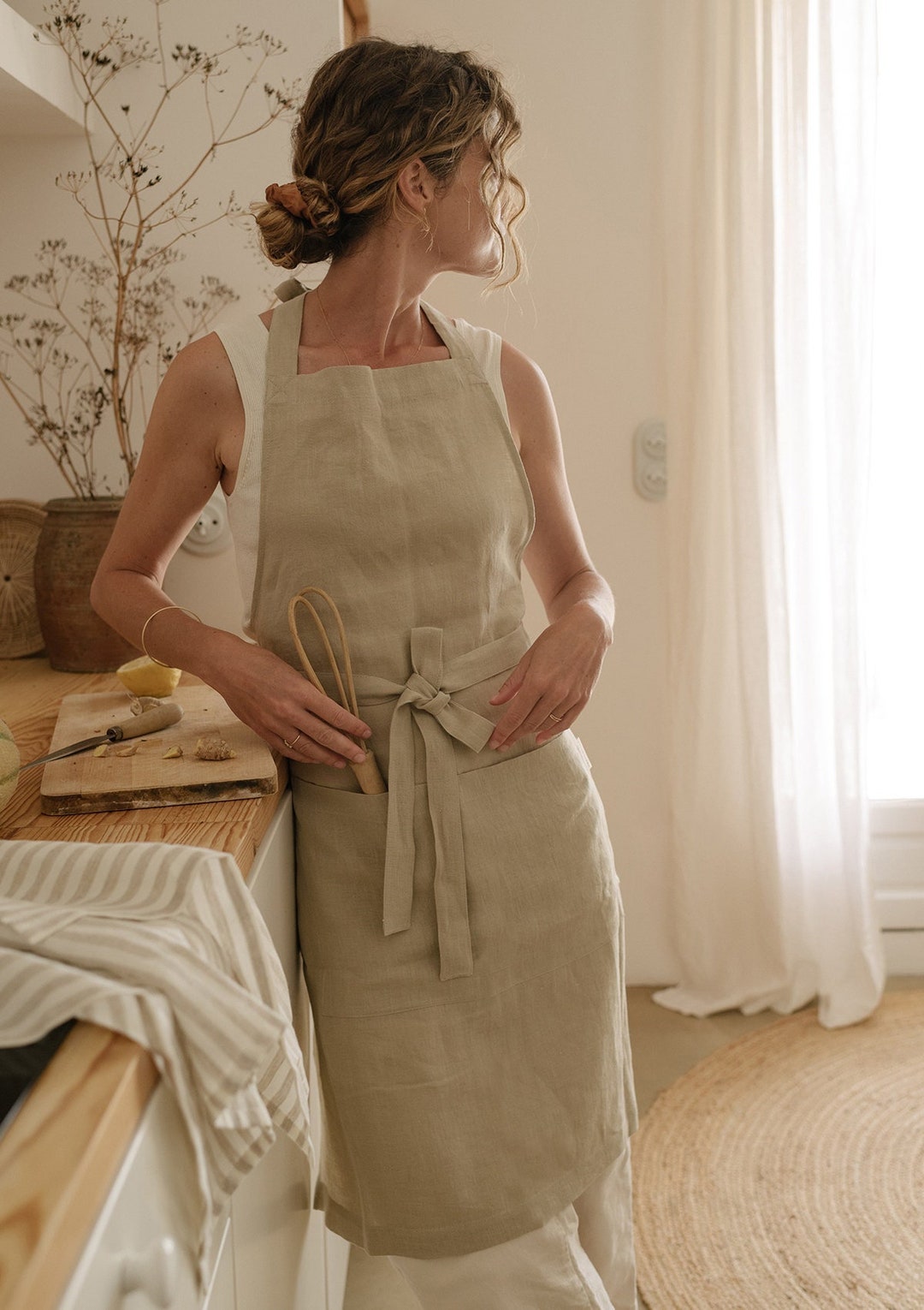 Linen Apron in Various Colors, Washed Linen Kitchen Apron With Pockets ...