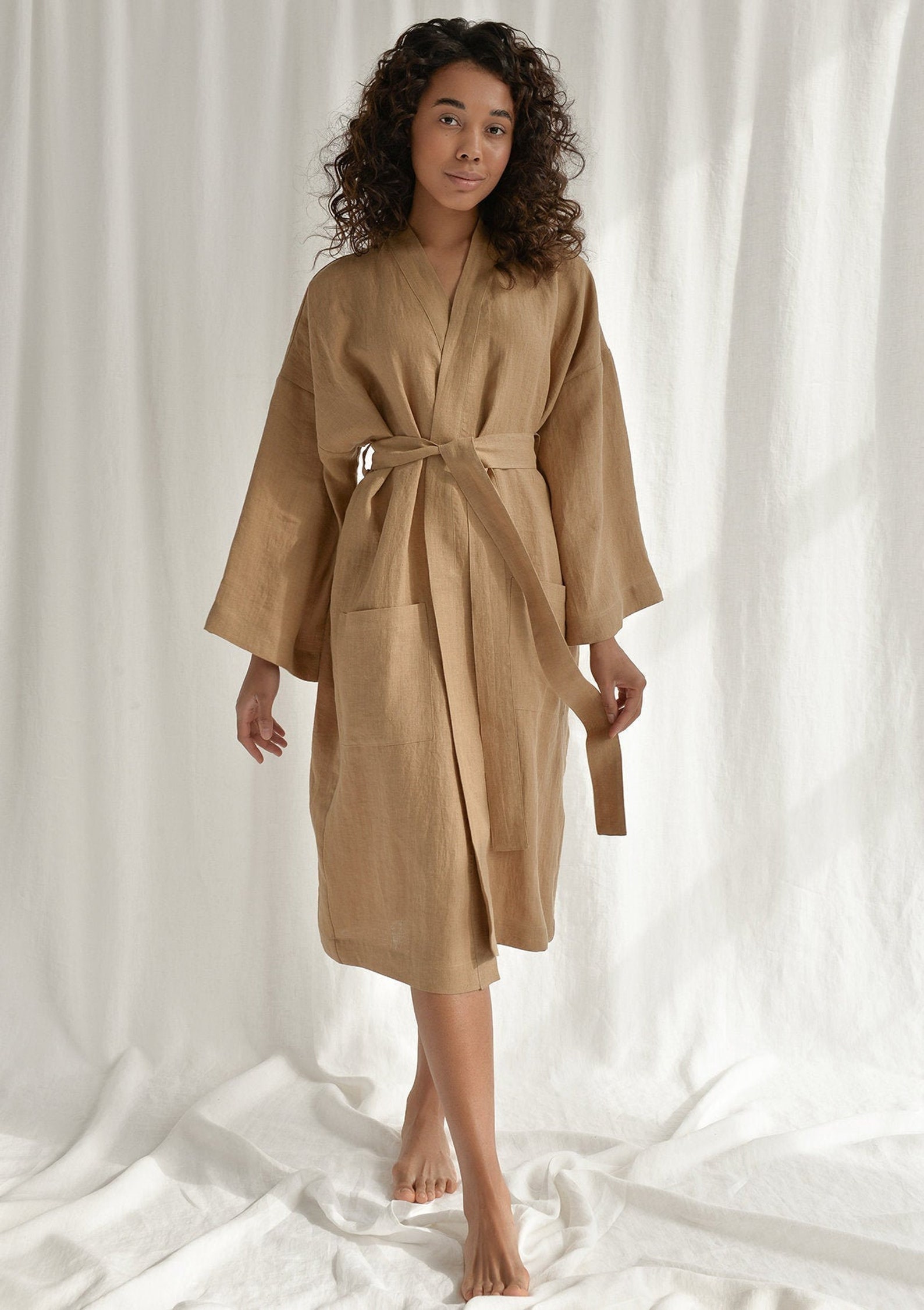 Almond Linen Bathrobe Handmade Linen Kimono Robe Oversized - Etsy