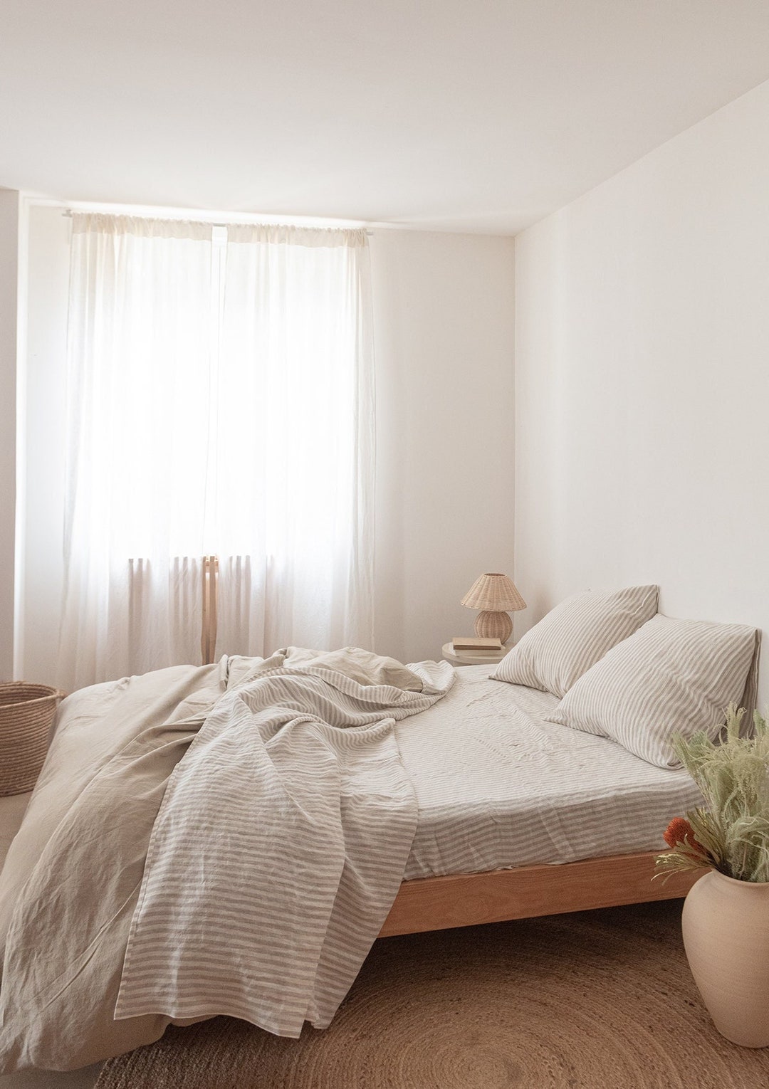 Beige Stripe Linen Sheet Set: Linen Fitted Sheet, Linen Flat Sheet and ...