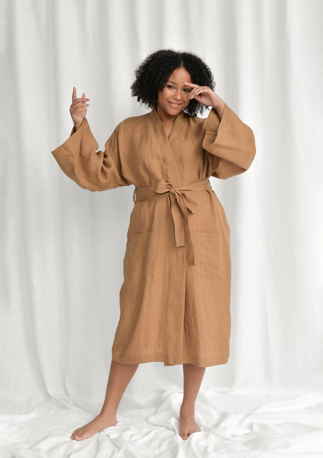 Almond Linen Bathrobe, Handmade Linen Kimono Robe, Oversized Linen Robe ...