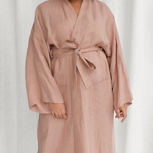 Sunset Rose Linen Bathrobe, Handmade Linen Kimono Robe, Oversized Linen ...