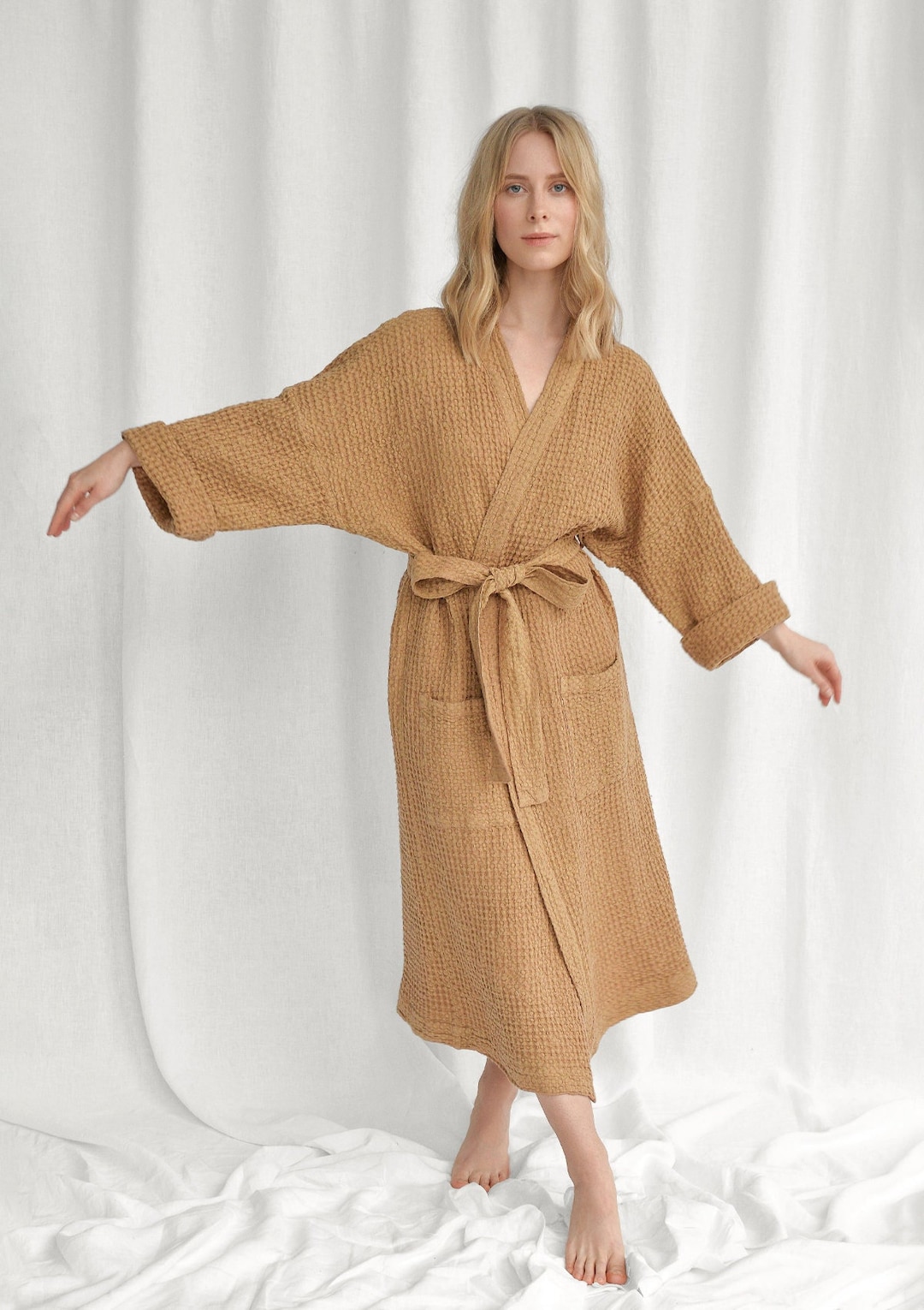 Almond Waffle Weave Linen Bathrobe Handmade Linen and Cotton - Etsy