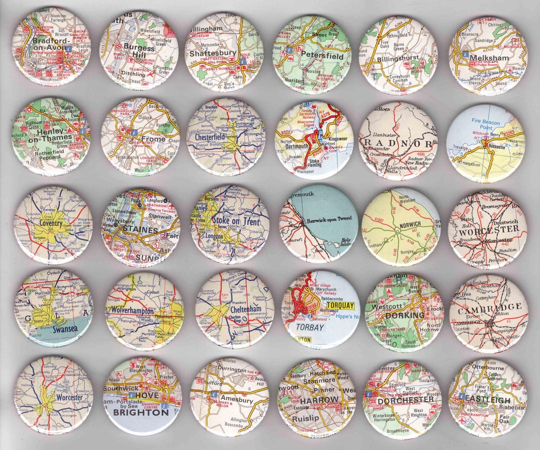 Homemade 45mm Diameter Genuine Old Map Round Button Badges - UK Maps ...