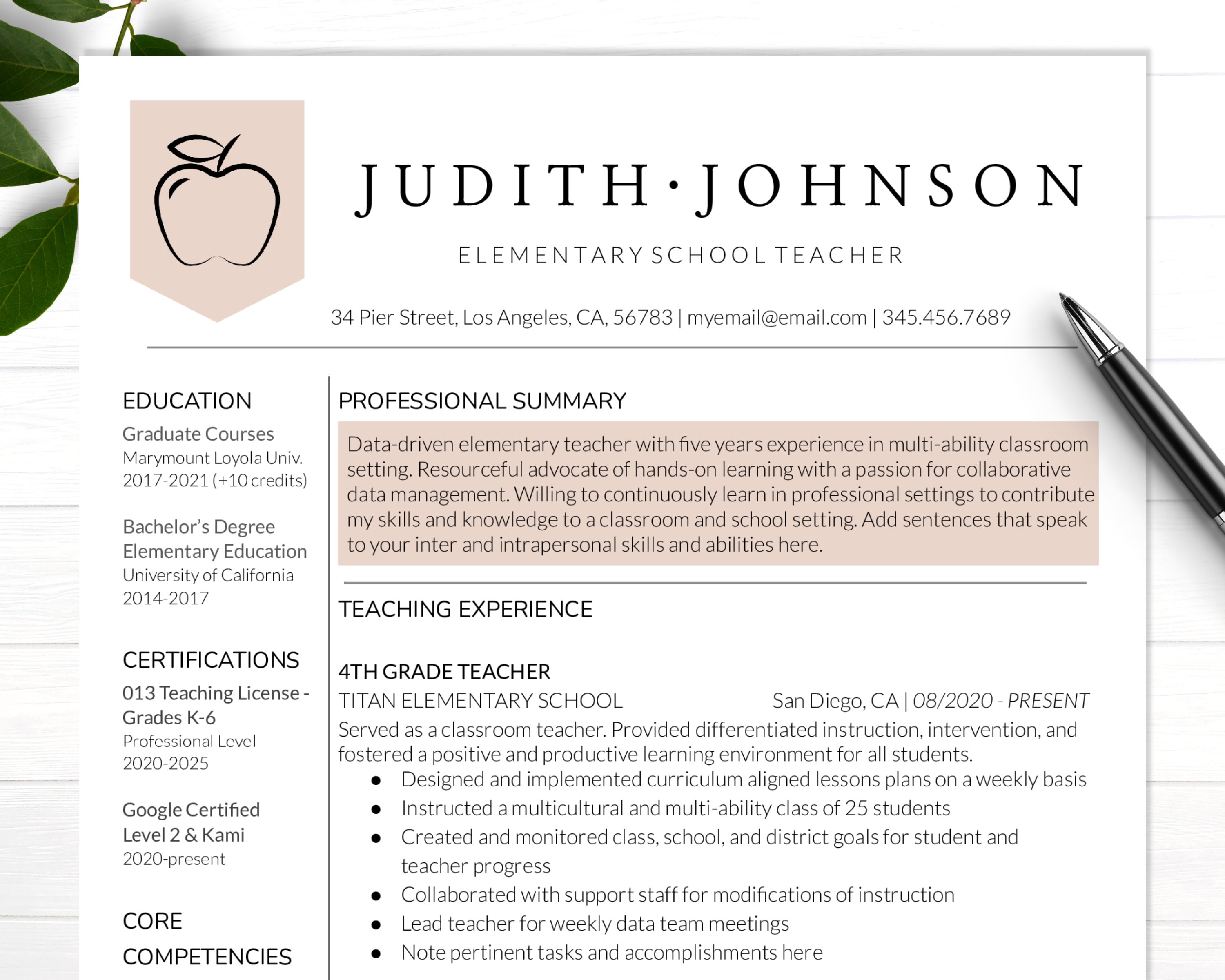Teacher Resume Editable Template CV Icon Header Professional Educator ...