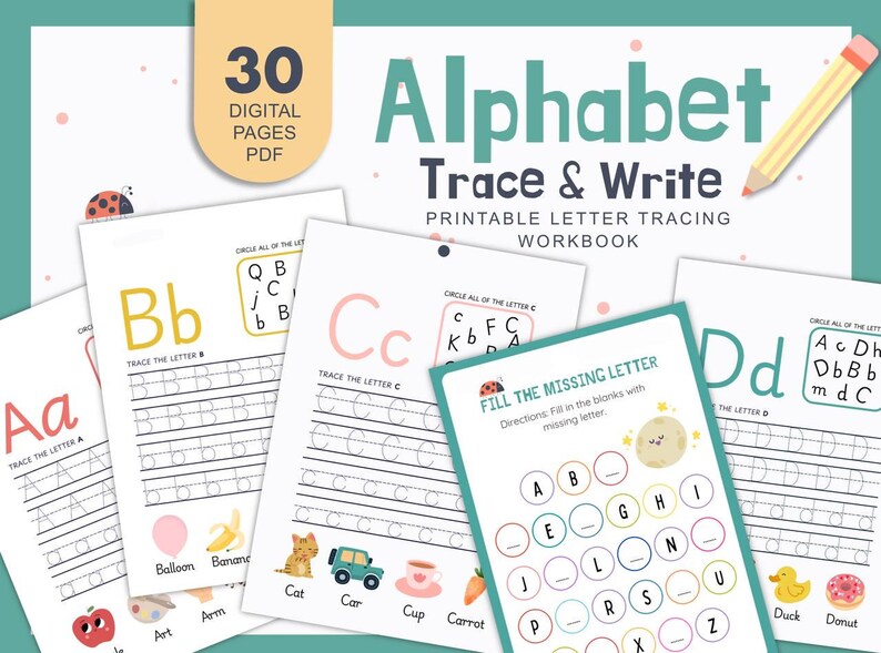 Alphabet Tracing Workbook for Kids: 30 Printable Letter Practice Pages ...