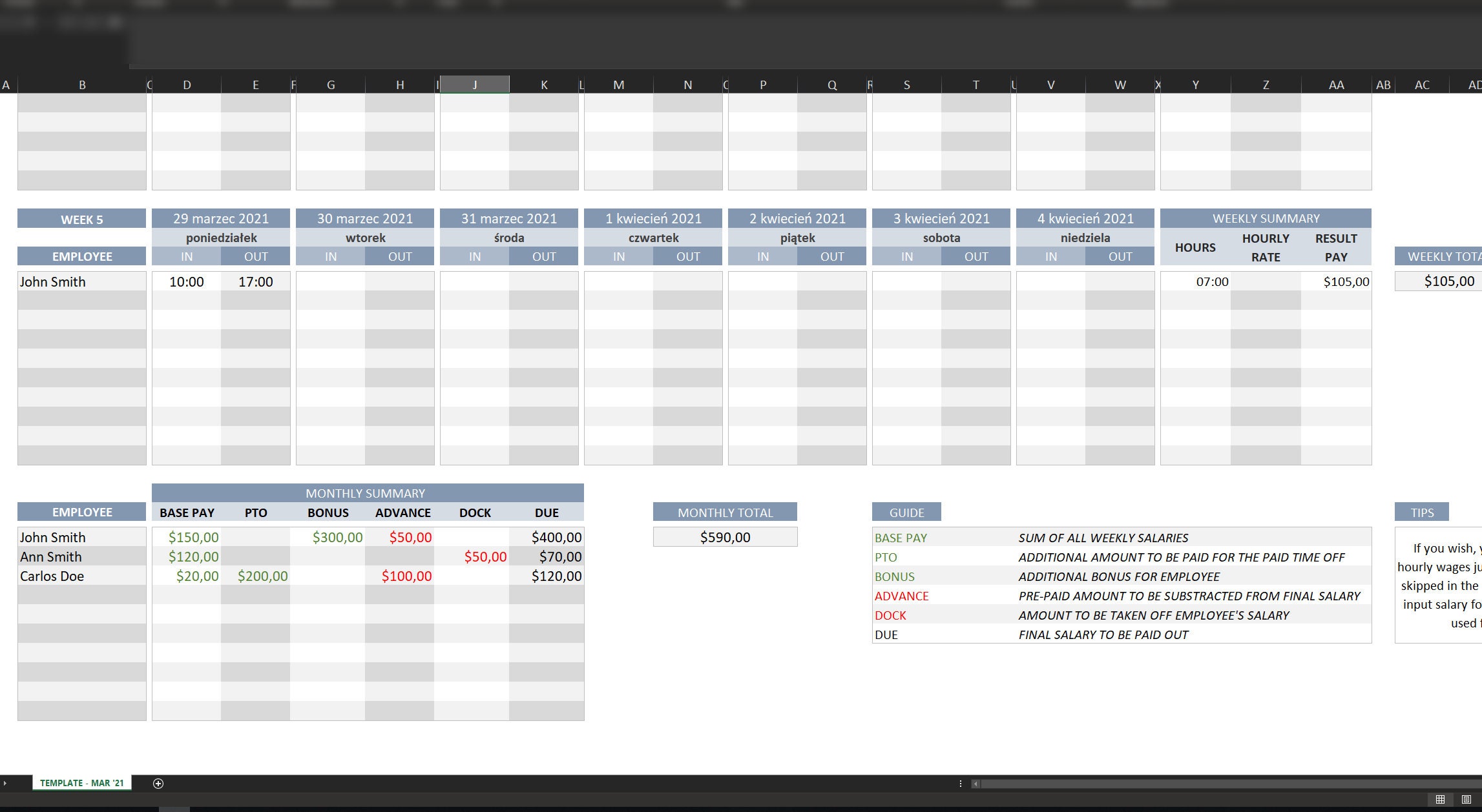 Modello Excel scheda attività dipendente settimanale e mensile / Foglio ...