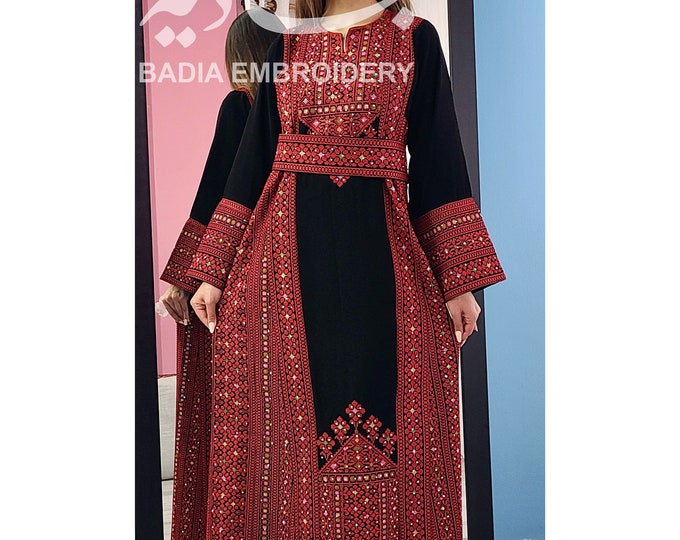 Palestinian Embroidery Thobe Thob Maxi Dress Tatreez Amira Gold and ...
