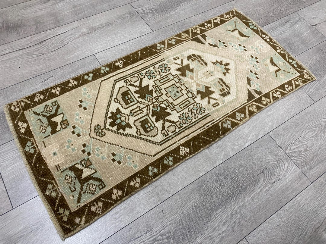 Small Vintage Turkish Oushak Rug: Brown Wool Boho Rug (1.4x3.3 Ft ...
