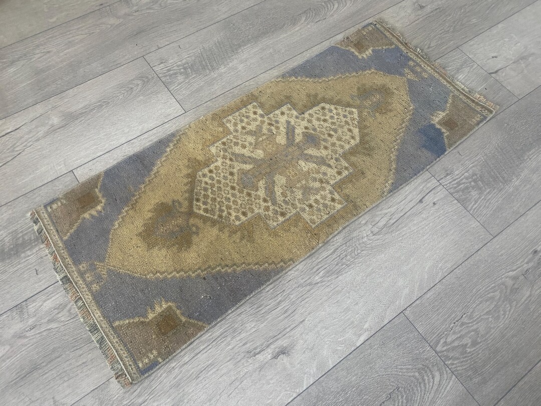 Handmade Wool Rug, Blue and Yellow Rug, Turkish Small Rug, Boho Decor ...