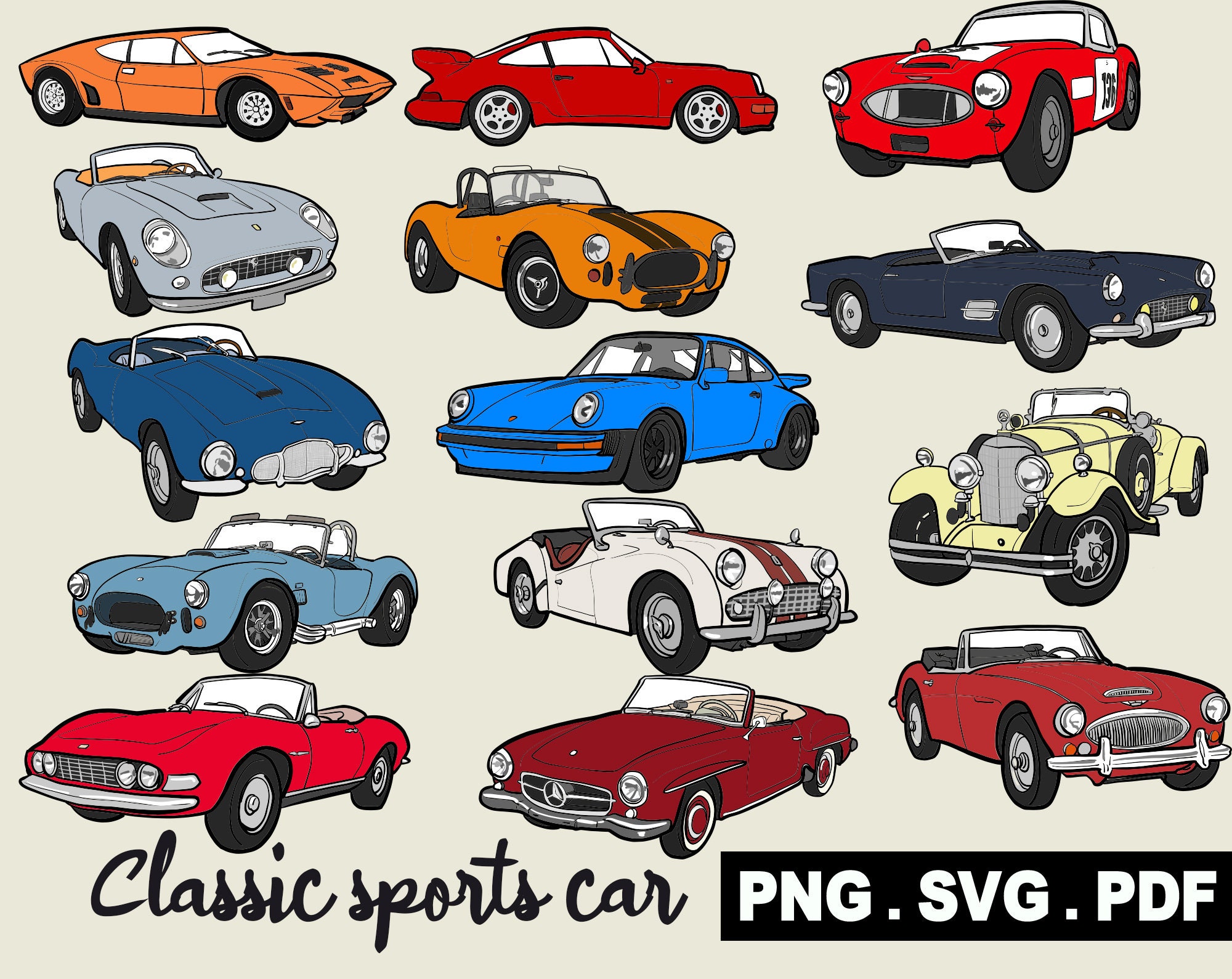 Classic Sports Car Designs SVG PNG PDF, Clipart, Personal and ...