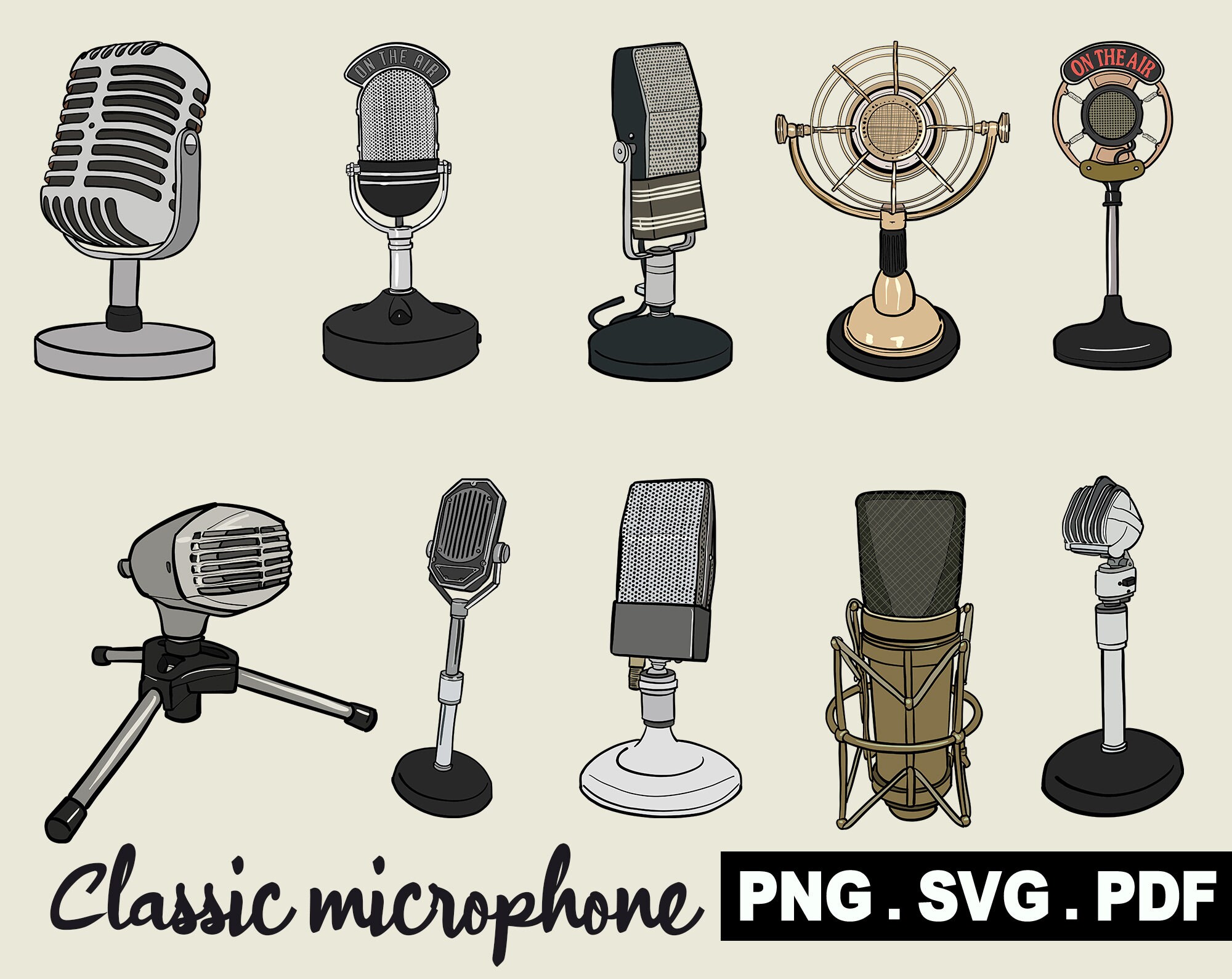 Classic, Vintage Microphone Designs SVG PNG PDF, Clipart, Personal and ...