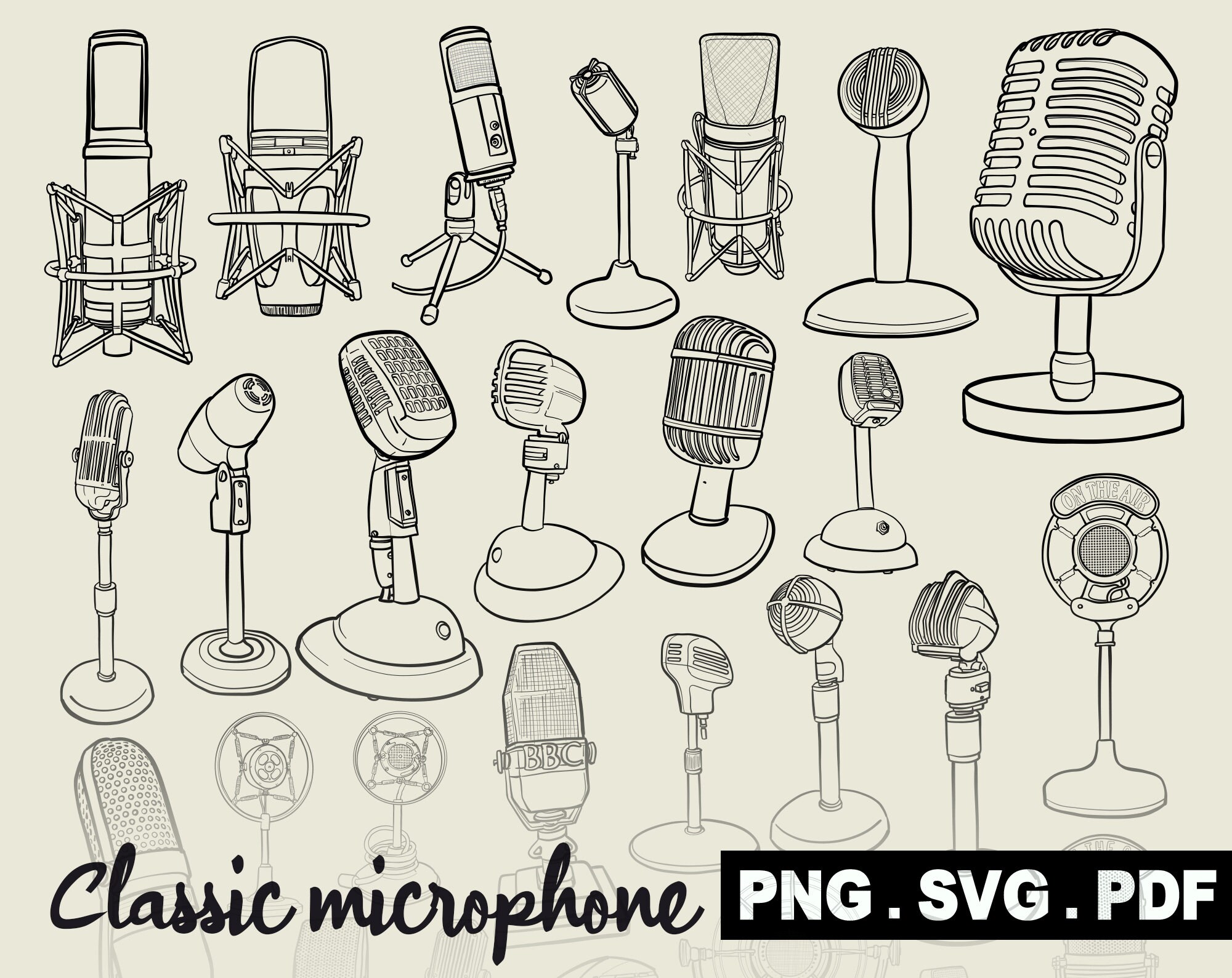 Classic, Vintage Microphone Designs SVG PNG PDF, Clipart, Personal and ...