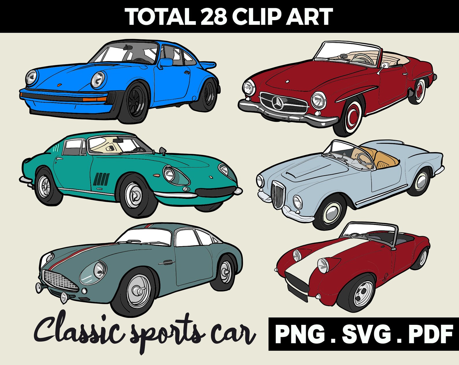 Classic Sports Car Designs SVG PNG PDF, Clipart, Personal and ...