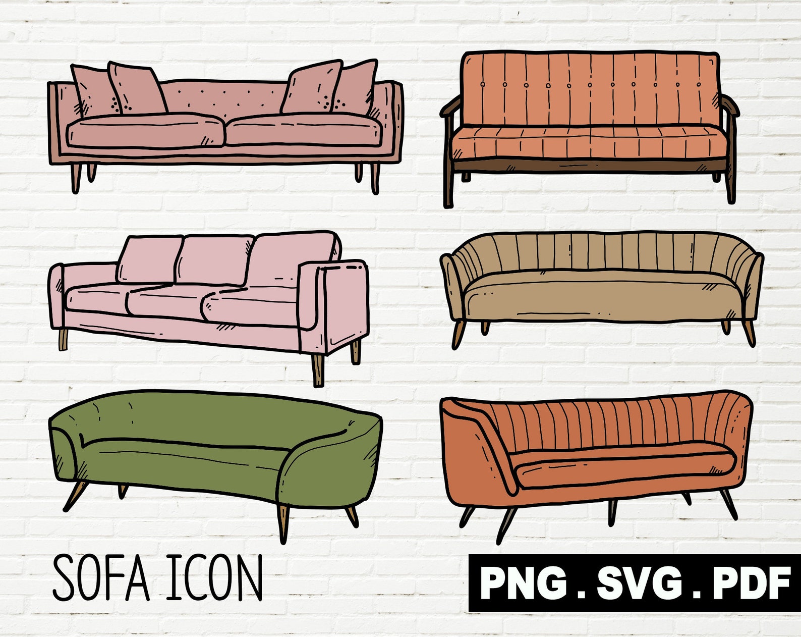Sofa Designs, SVG, PNG, PDF, Clipart, Personal and Commercial Use ...