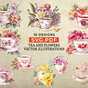 Tea and Flowers Illustrations Svg, Pdf Image, Digital Print, Instant ...