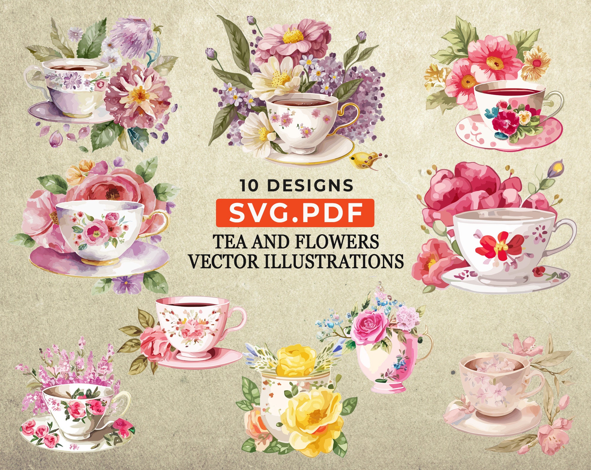 Tea and Flowers Illustrations Svg, Pdf Image, Digital Print, Instant ...