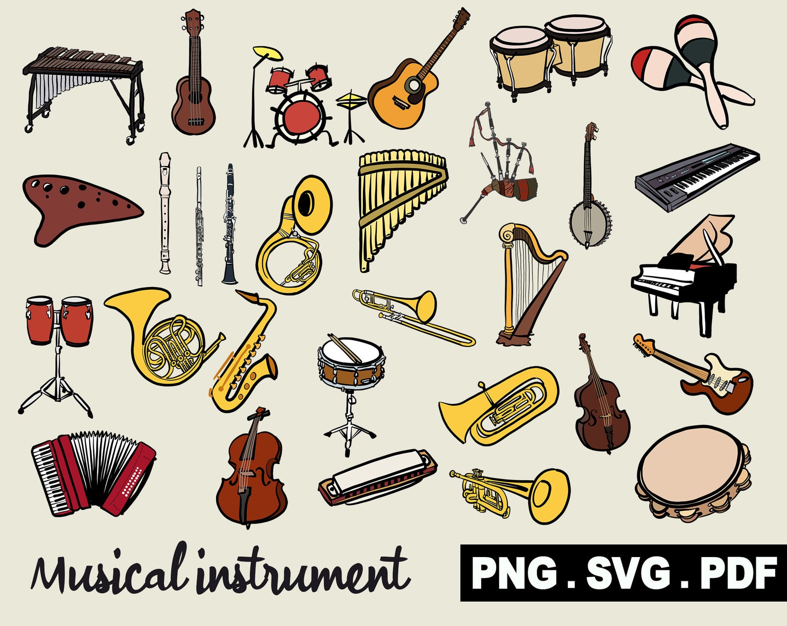 Musical Instrument Designs SVG PNG PDF, Clipart, Personal and ...