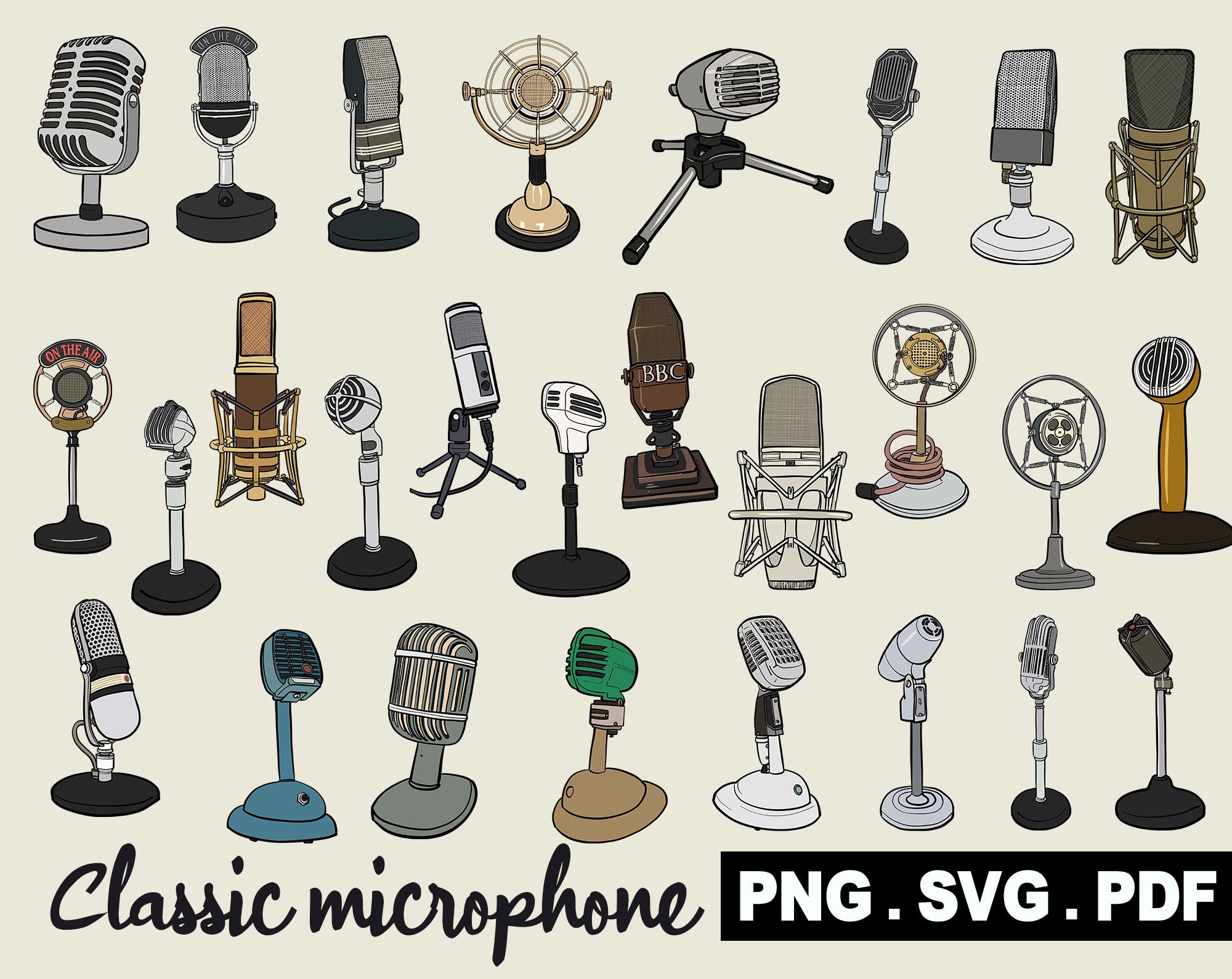 Classic, Vintage Microphone Designs SVG PNG PDF, Clipart, Personal and ...