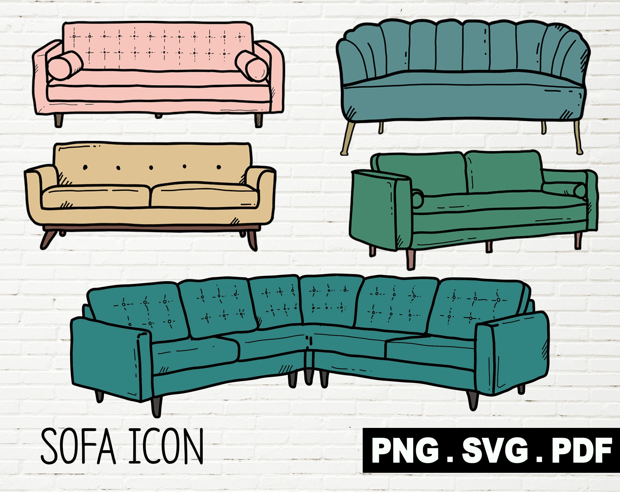 Sofa Designs, SVG, PNG, PDF, Clipart, Personal and Commercial Use ...