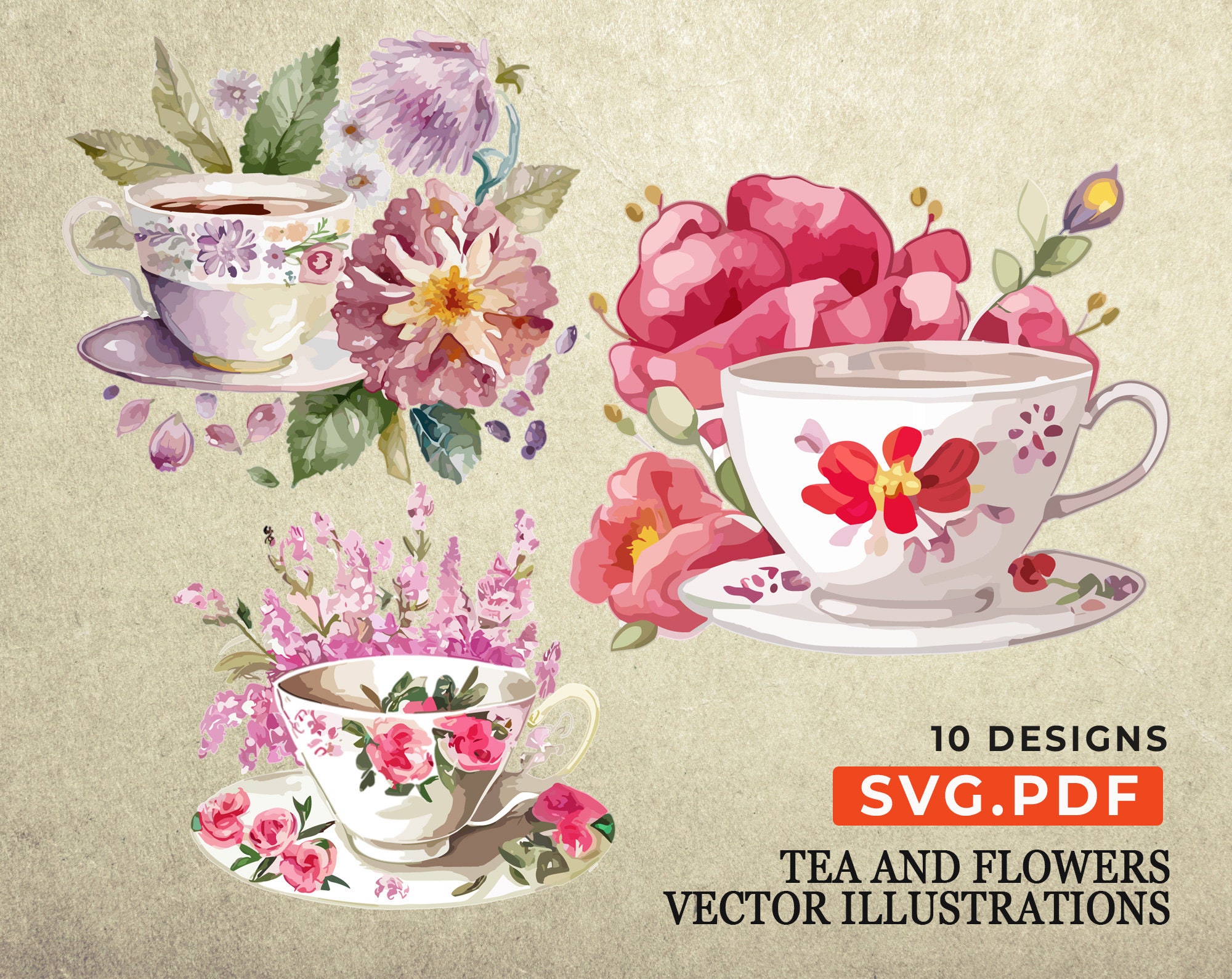 Tea and Flowers Illustrations Svg, Pdf Image, Digital Print, Instant ...